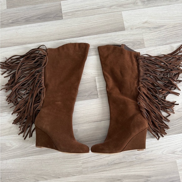 Baldi | Shoes | Suede Fringe Kneehigh Wedge Boots | Poshmark